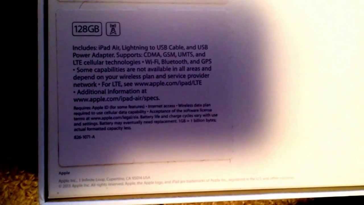 Apple iPad Air 128 GB WiFi+Cellular Verizon Wireless box review - YouTube