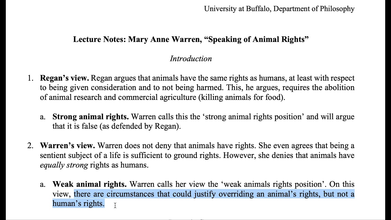 Mary Anne Warren on Regan's View of Animal Rights - YouTube