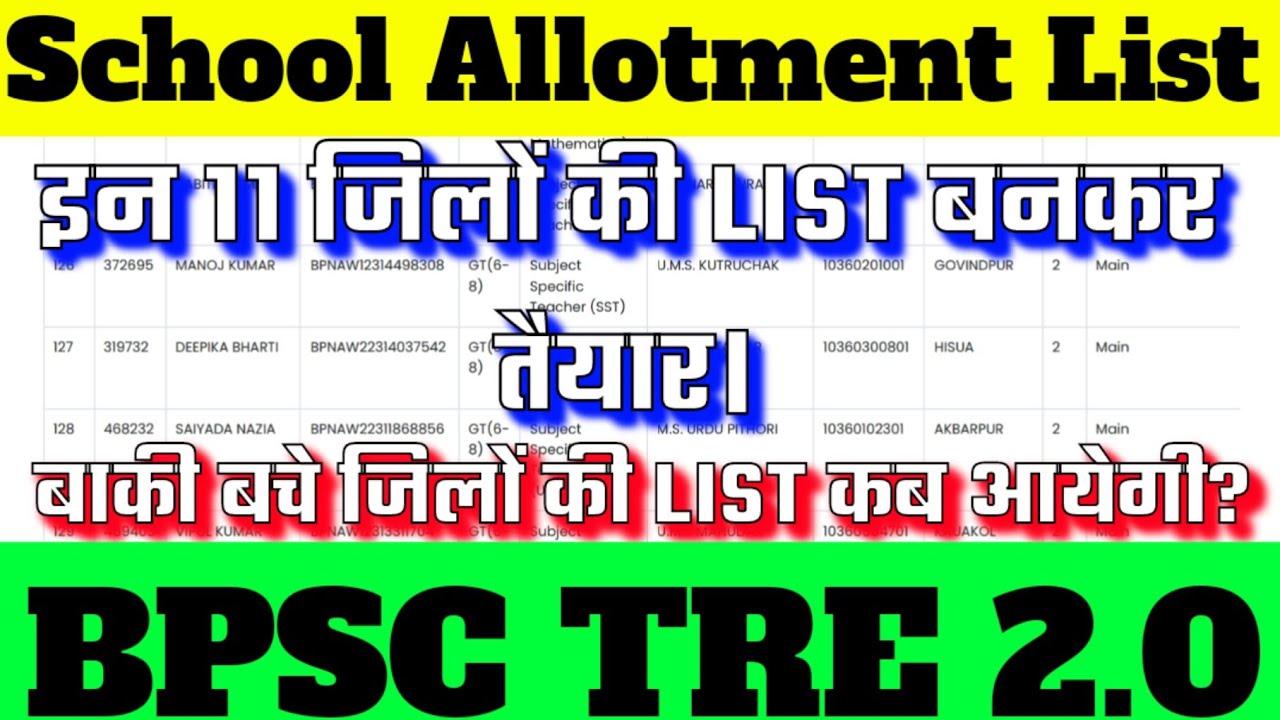 School Allotment List Update || BPSC TRE 2.0 - YouTube