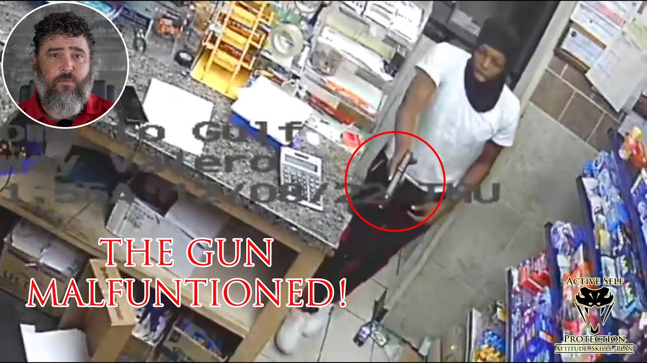 Perp's Gun Malfunctions While Robbing Shop - YouTube