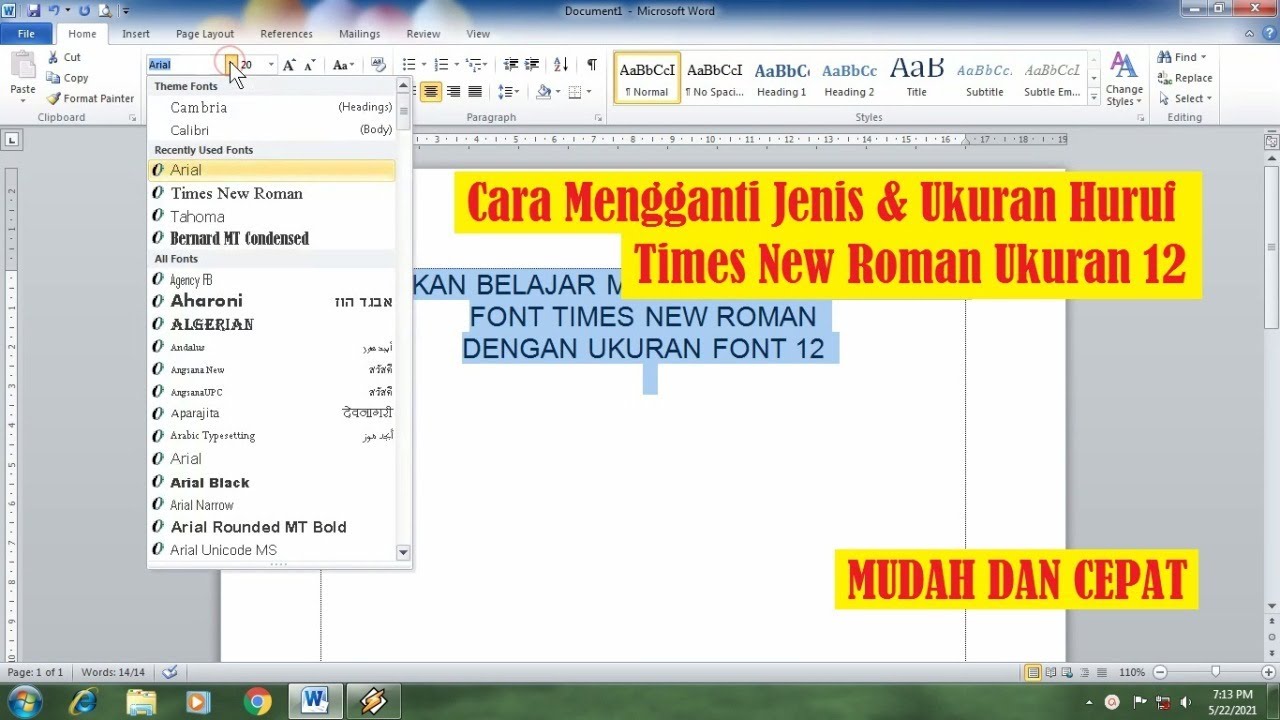 Cara Mengatur Jenis Font Times New Roman dengan Ukuran 12 - YouTube