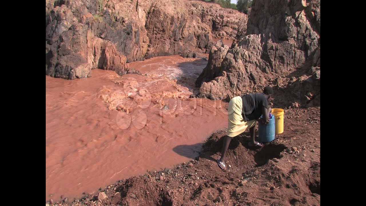 Girl Collects Water By A Dirty River In Kenya, Africa. Stock Footage ...