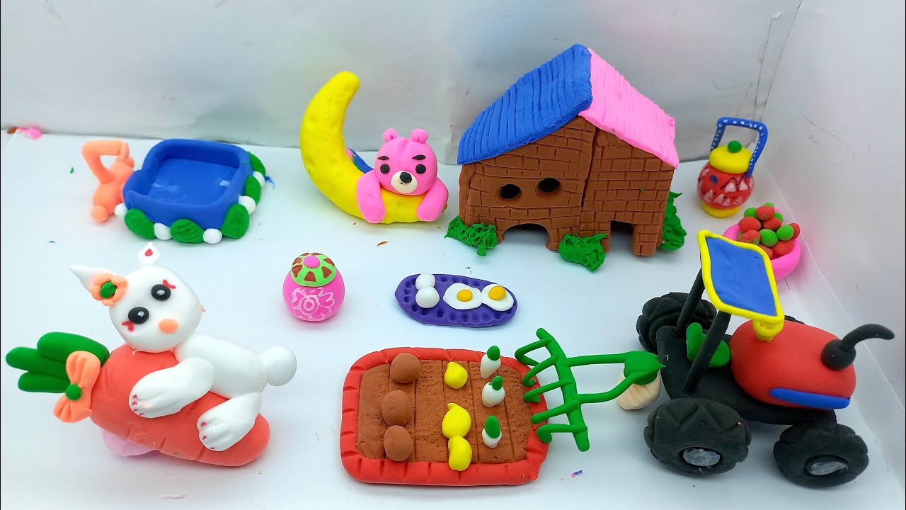 DIY How to make polymer clay miniature house, Tractor, Bullock cart ...
