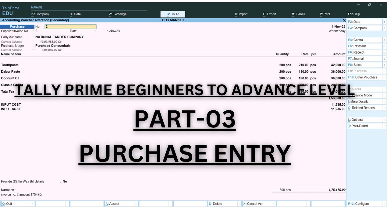 PURCHASE ENTRY PART-03 Tally Prime Beginners to Advance Level - YouTube
