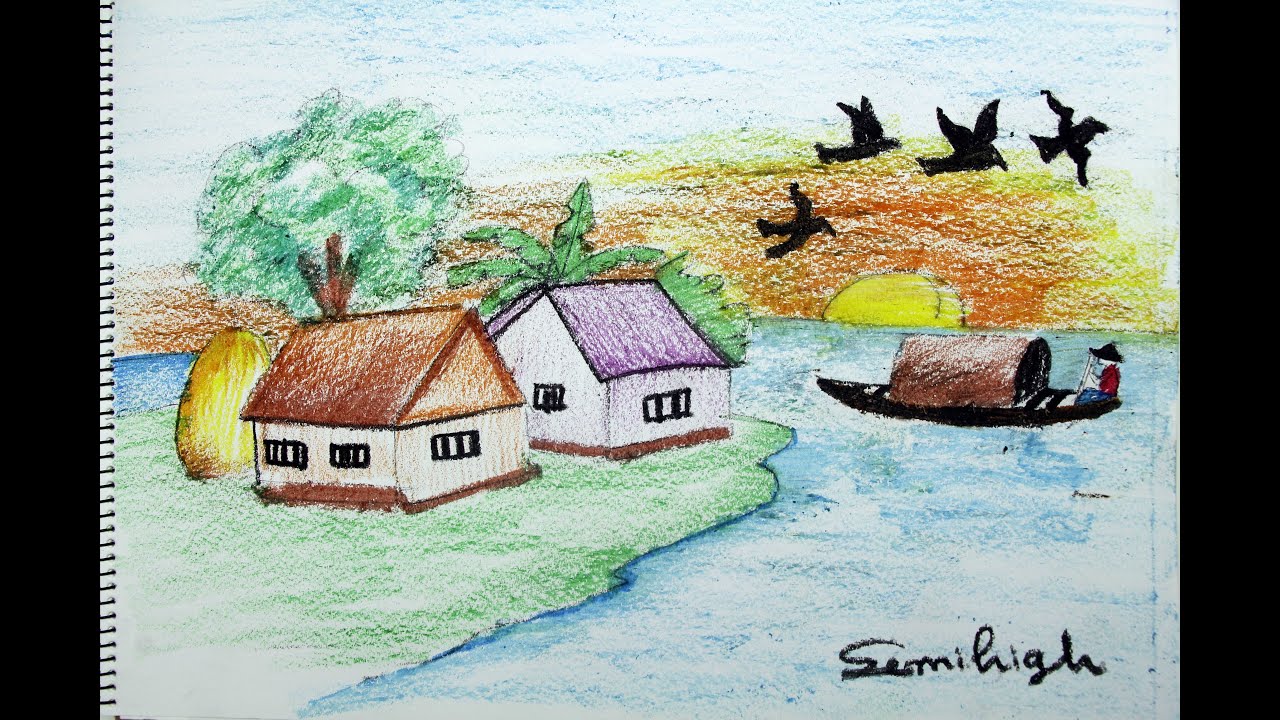 Draw Sunset Village Scenery with Oil Pastel step by step - YouTube