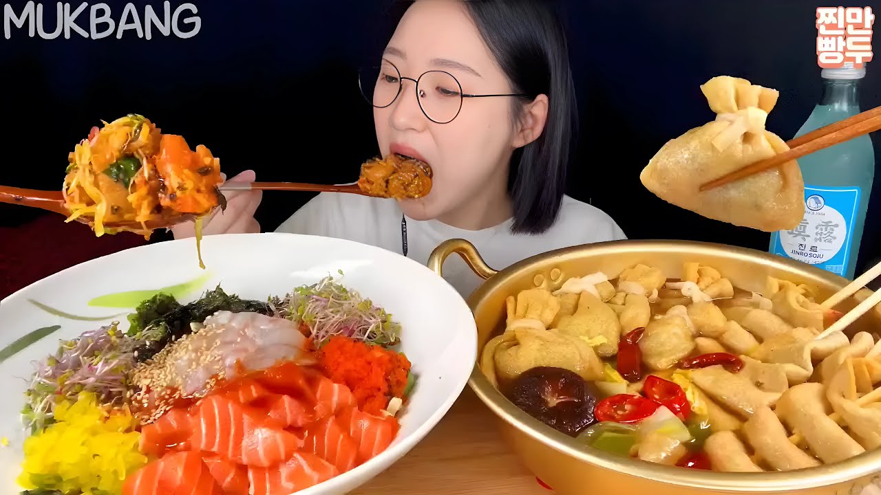 MUKBANG KOREAN HOT POT 🍲 | RAW FISH BOWL 🐟🍚 | SASHIMI 🍣 & FISH CAKE 🍢 ...