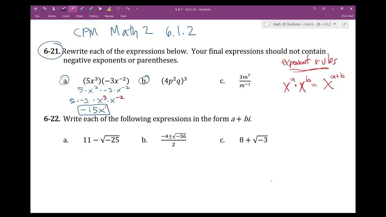 CPM Math 2 Section 6.1.2 #6-21 (Simplifying exponent expressions) - YouTube