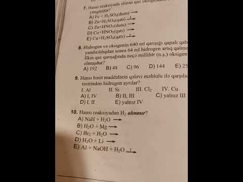 (Hidrogen. Alınması. Xassələri) səh 266 / 1-69 testlərin asan izahı