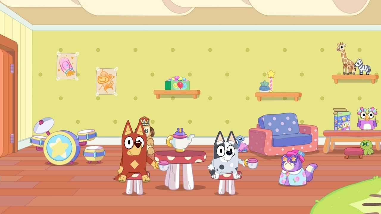 Bluey : Rusty and Muffin arrange tea party in playroom - YouTube