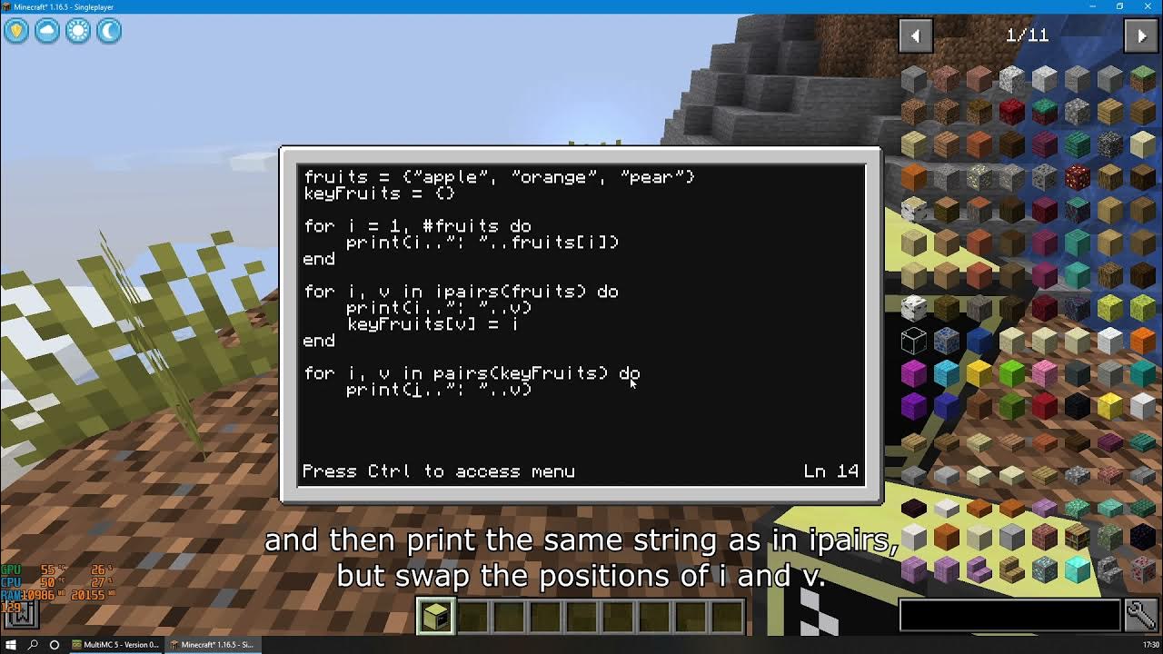 ComputerCraft Lua 1-7 » Fundamentals » Pairs and ipairs() - YouTube