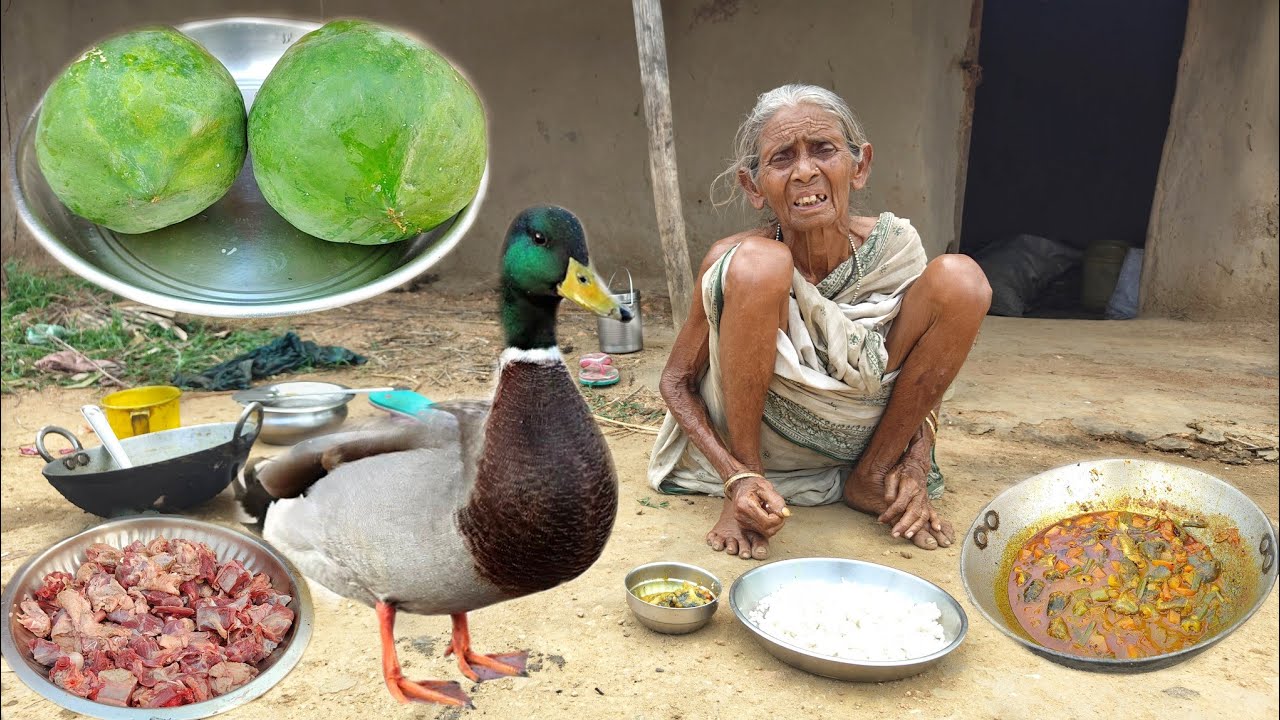 Village poor old grandma cooking and eating DUCK MEAT CURRY with Papaya ...