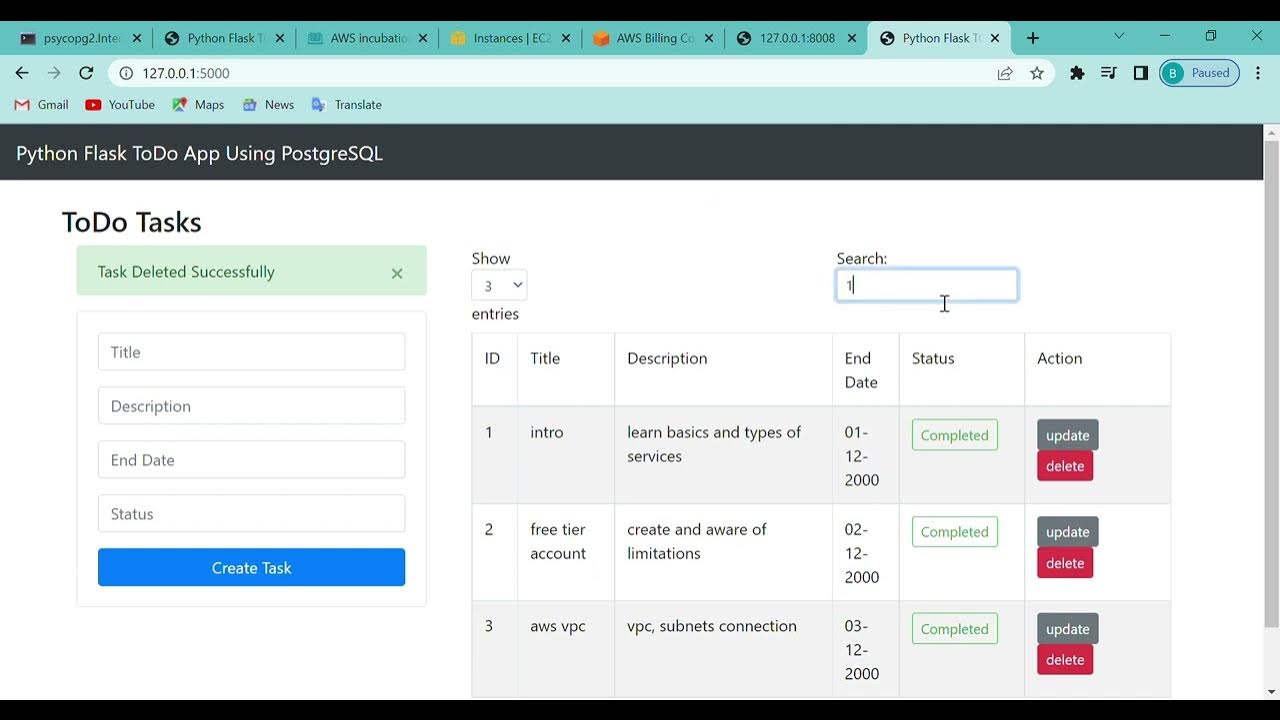Python Flask ToDo app CRUD using PostgreSQL integrated in AWS(EC2 instance) include nginx ...