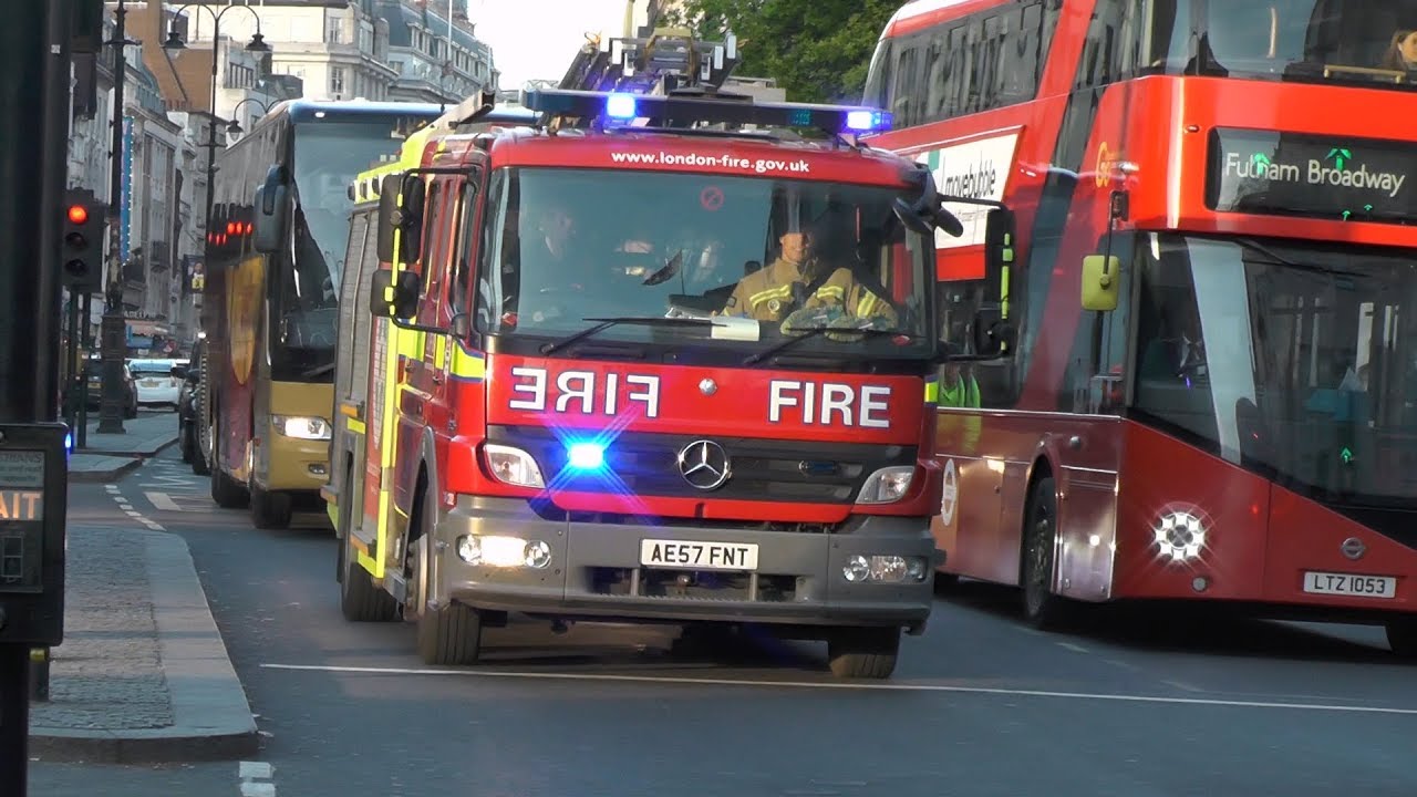 London Fire Brigade (LFB) Firestation SOHO responding to a small bus ...