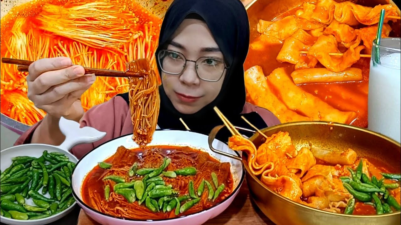 jamur enoki topokki odeng extra cabe | asmr mukbang - YouTube