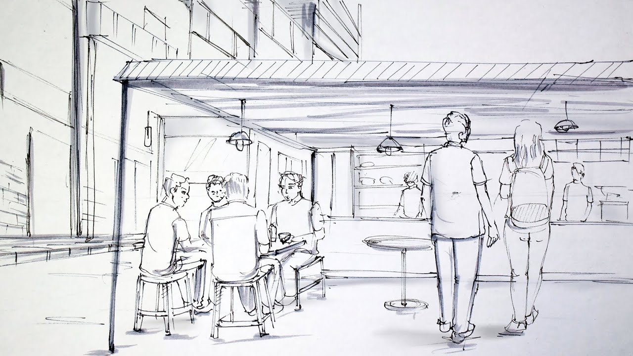 Rode side food stall composition in 1 point perspective - YouTube