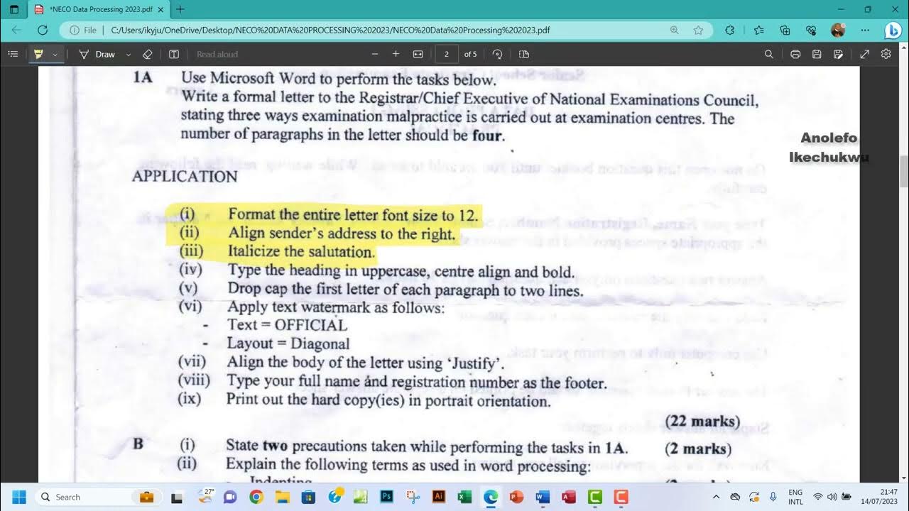 NECO Data Processing Practical 2023 Microsoft Word - YouTube