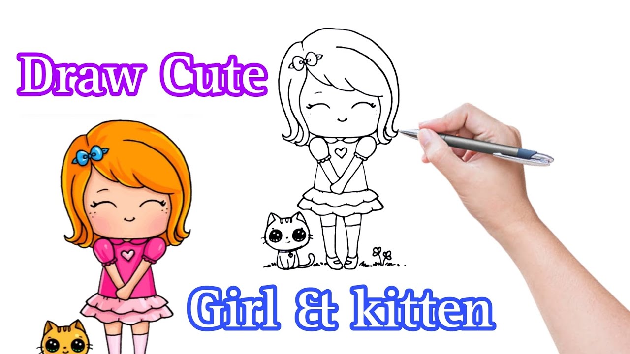 How To Draw A Cute GIRL AND KITTEN Clipart,To Draw step by step, DL ...