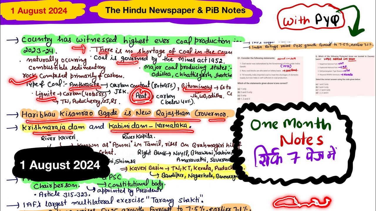 1 August 2024 | The Hindu Notes | Pib Notes | Handwritten Notes For ...