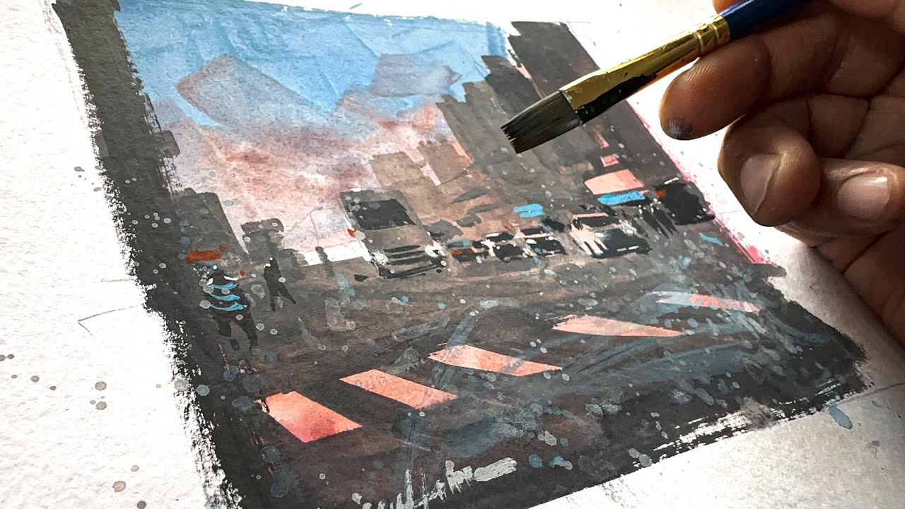 Street Scape in Gouache ~ Easy Streetscape Painting Tutorial (Time ...