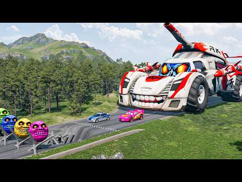 Giant TANK TRUCK VS Cars Lightning McQueen & Giant Spikes Pit Downhill Race – BeamNG.Drive