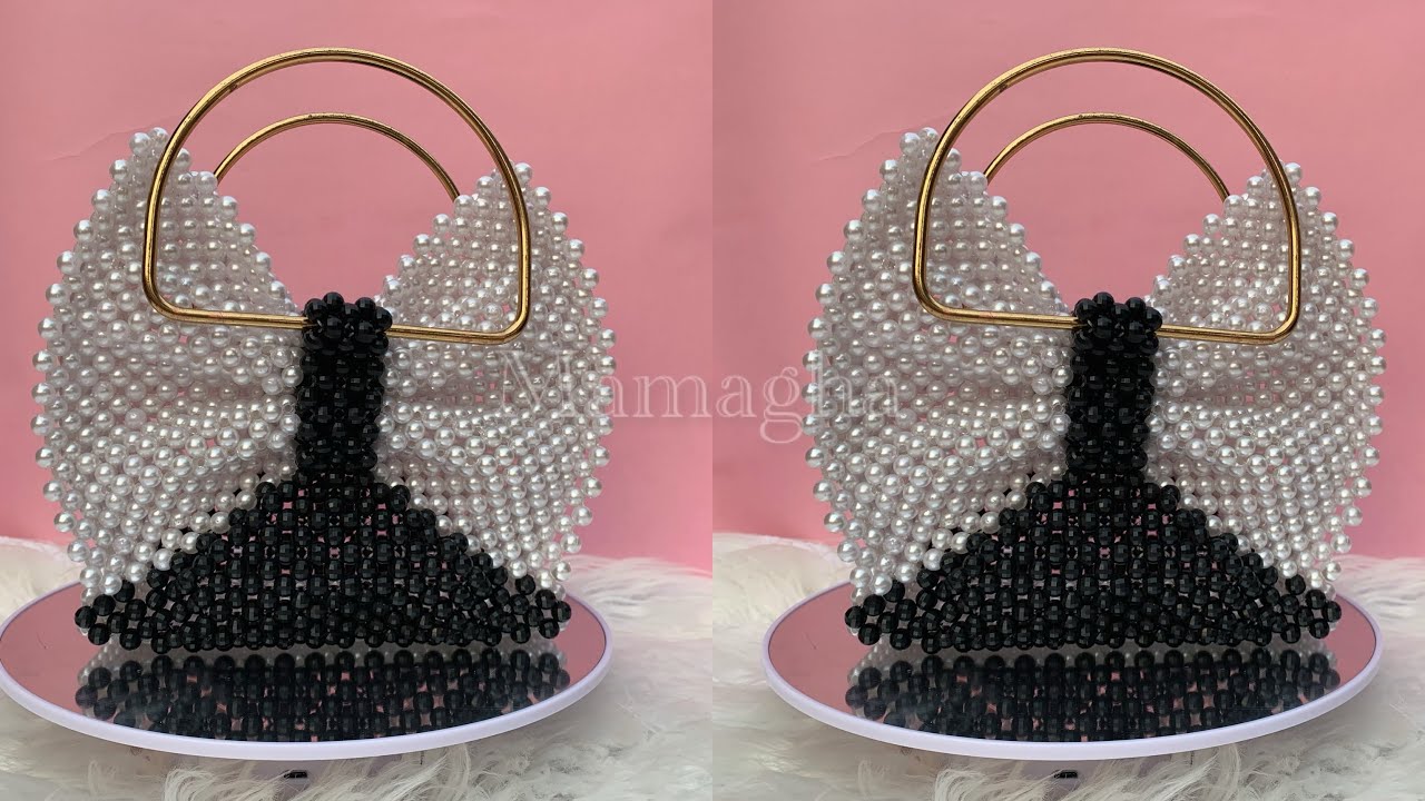 HOW TO MAKE A BOW SHAPE BEADED BAG / PEARL BEAD BEADED BAG TUTORIAL ...
