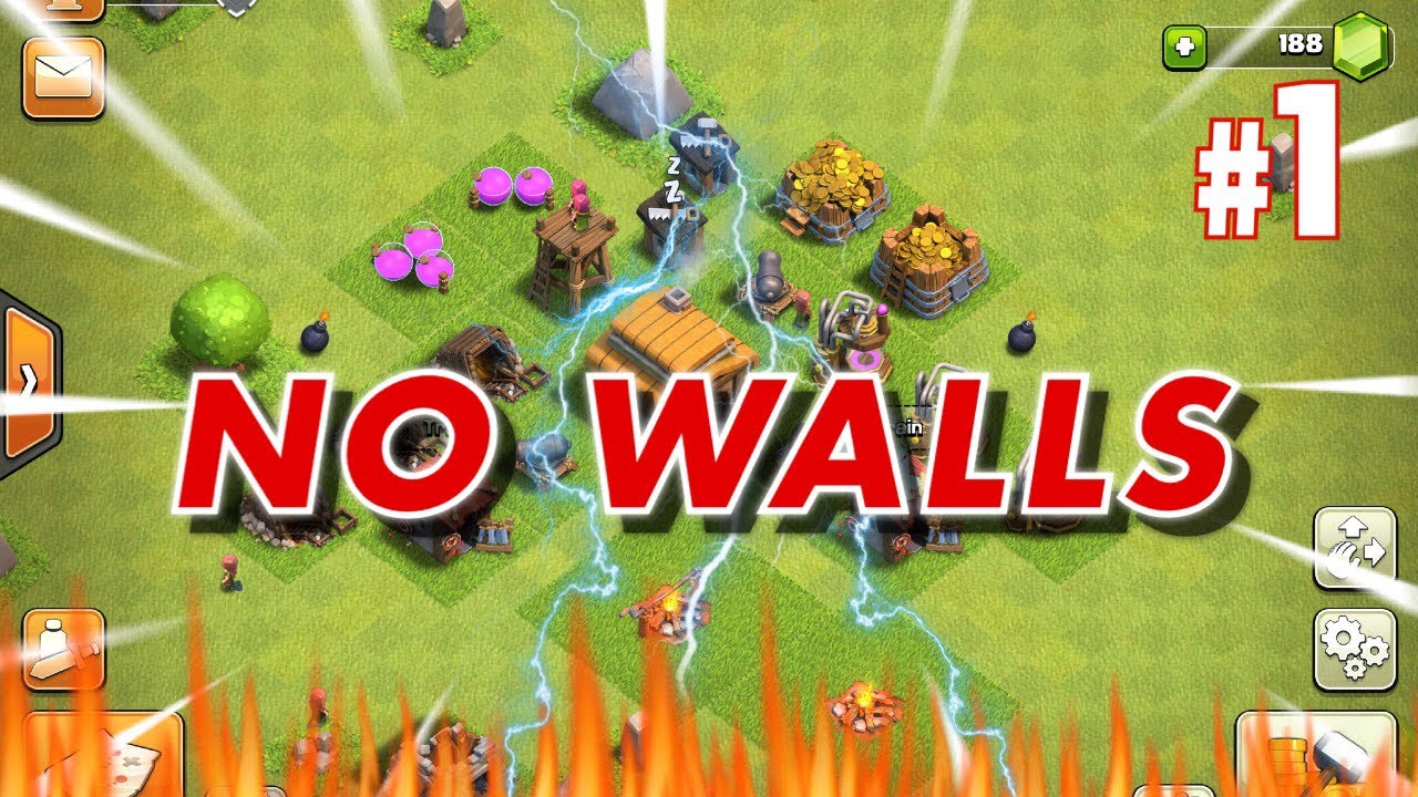 CLASH OF CLANS NO WALLS CHALLENGE - How To Build A Base With No Walls ...