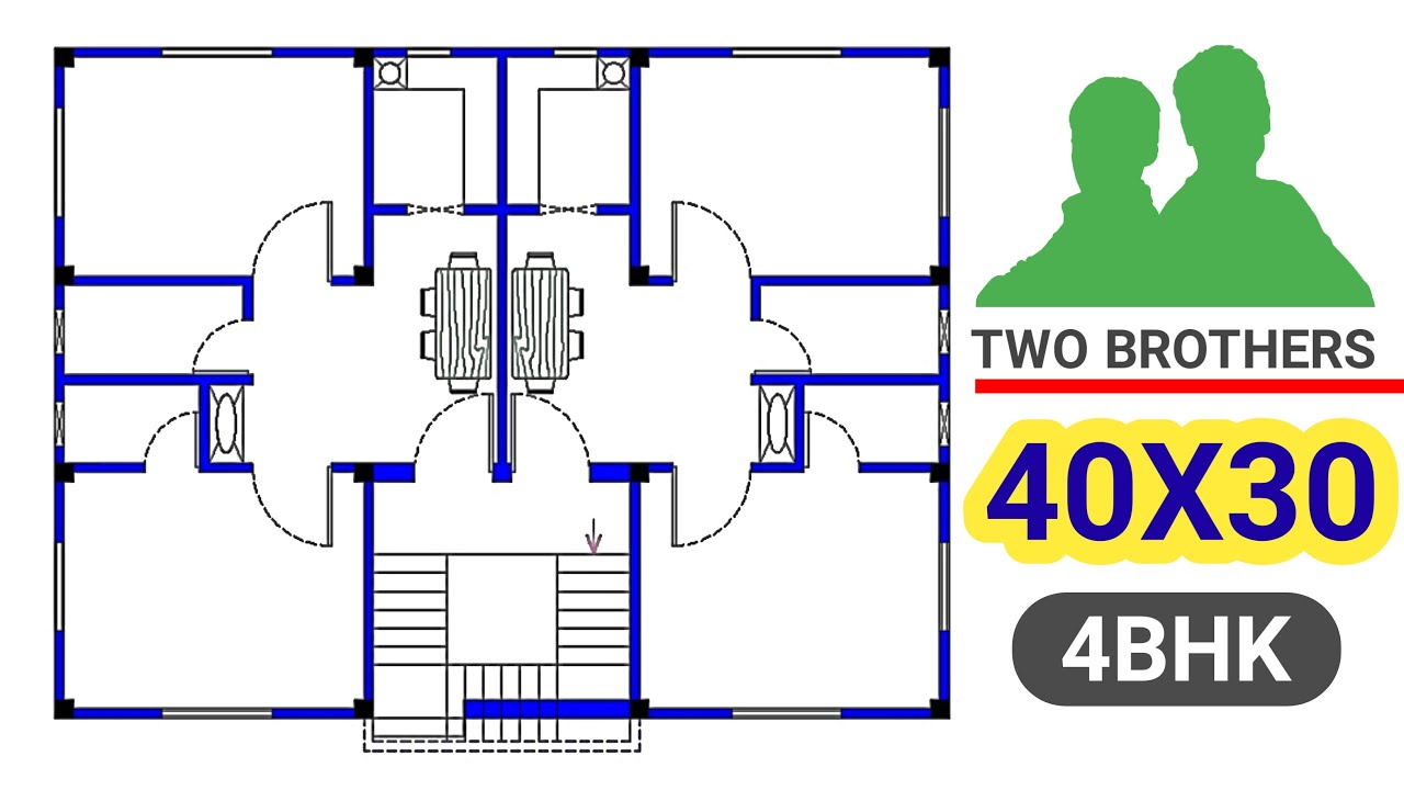 40*30 sqft house plan design | 2 brothers house with 4bhk | 1200 sqft ...