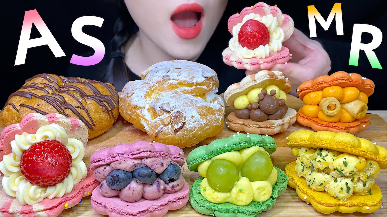 ASMR SEASHELL MACARON*FATCARON,GIANT CREAM PUFF MUKBANG, 알록달록 조개롱*뚱카롱 ...