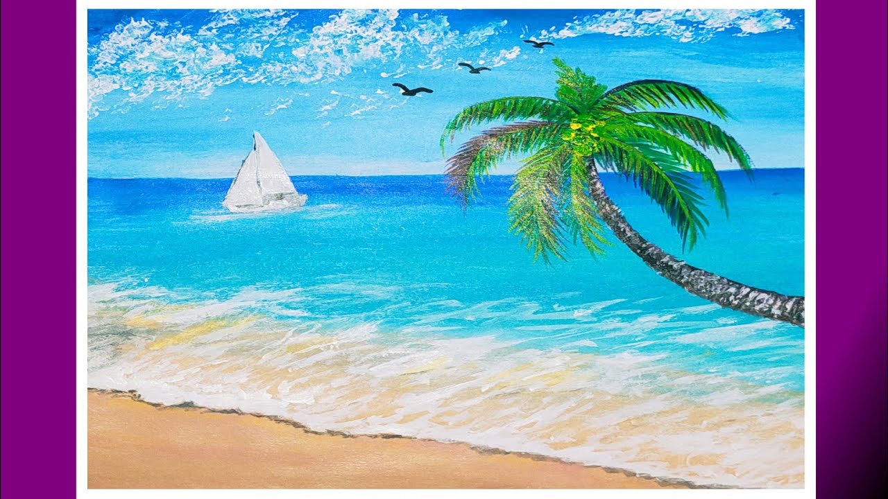 Acrylic colour painting # Sea and Coconut Tree Drawing # - YouTube