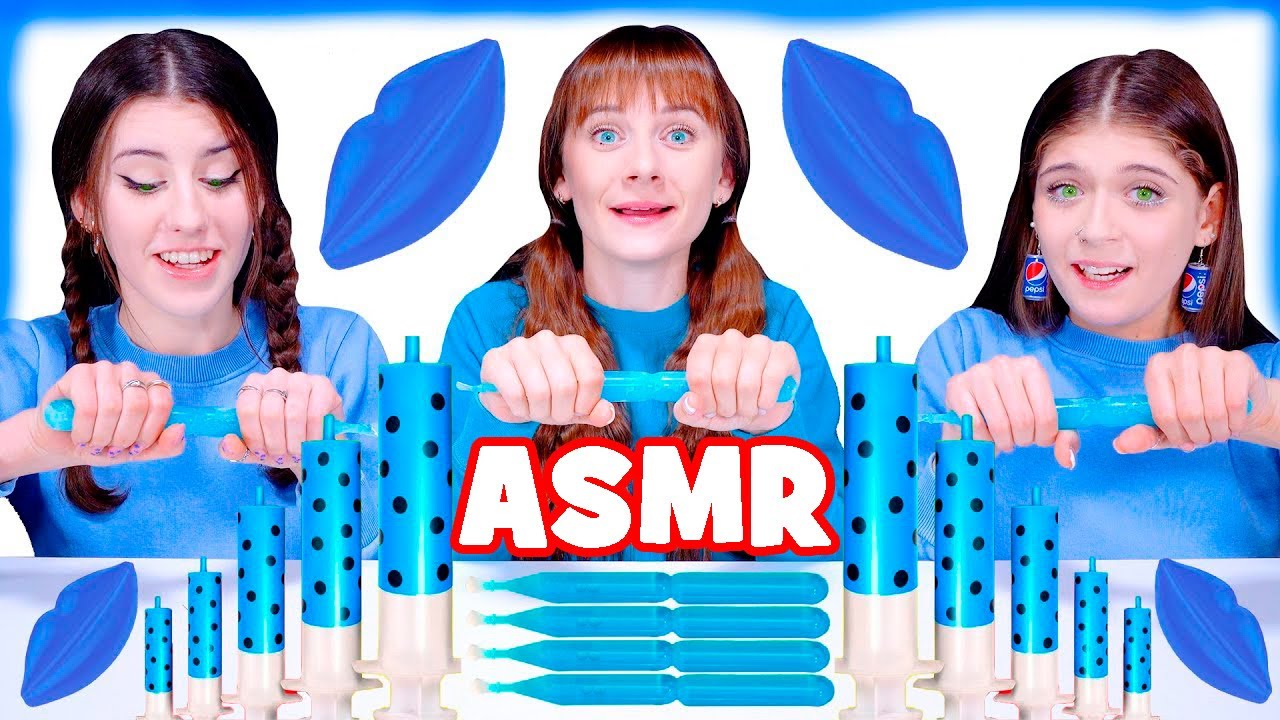 ASMR *BLUE FOOD* Jelly Shooter Race, Gummy Lips, Eating Sounds MUKBANG ...