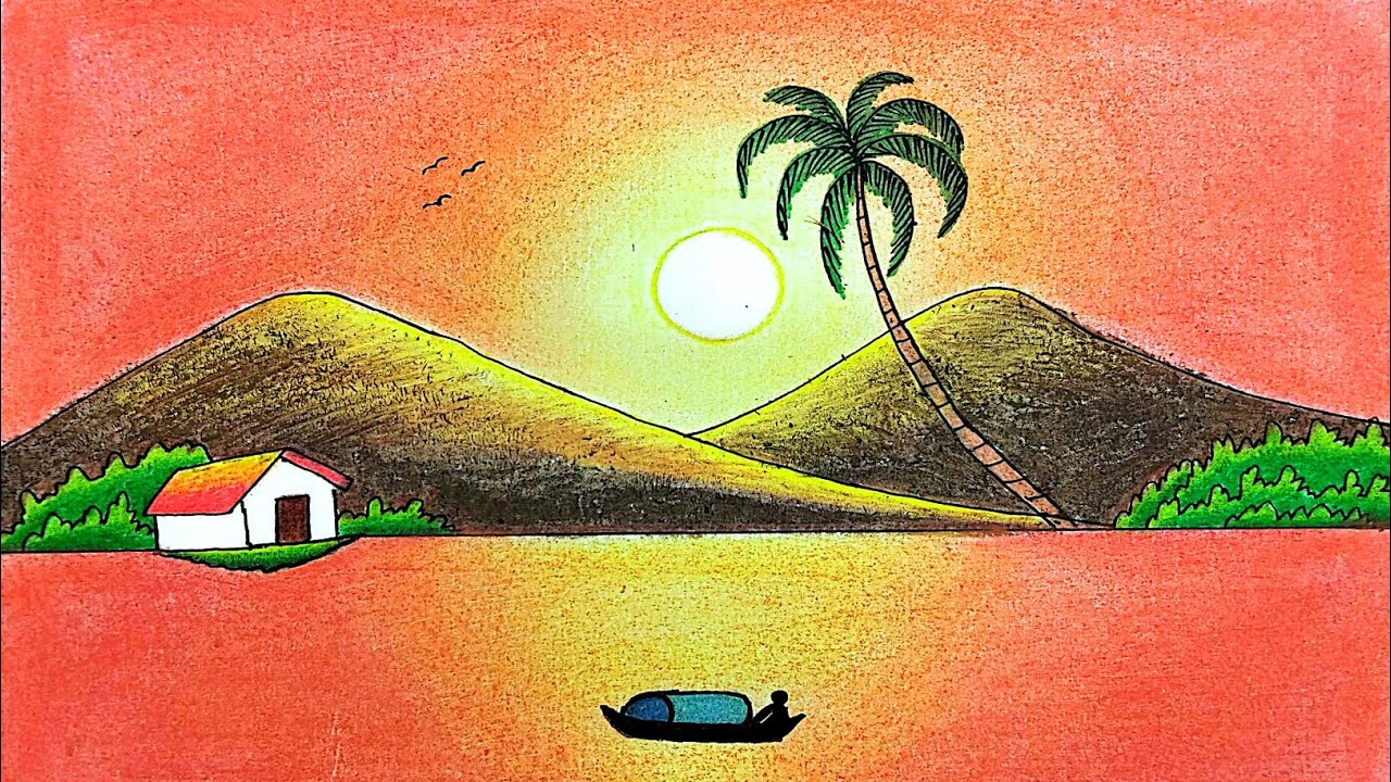 How to Draw a Beautiful Sunset Scenery in the Lake | Sunset Scenery ...