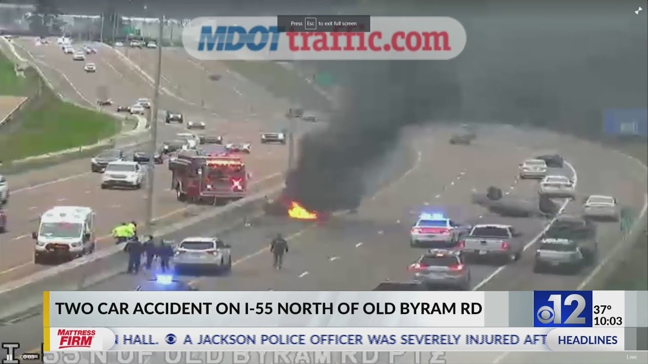 Car catches on fire, another overturns on I-55 in Hinds County - YouTube