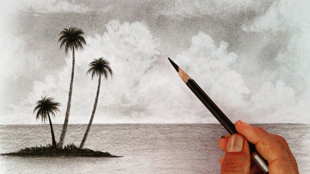 Tropical Beach Pencil Drawing