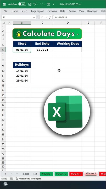 Working Days Calculation between two dates in Excel #exceltips - YouTube
