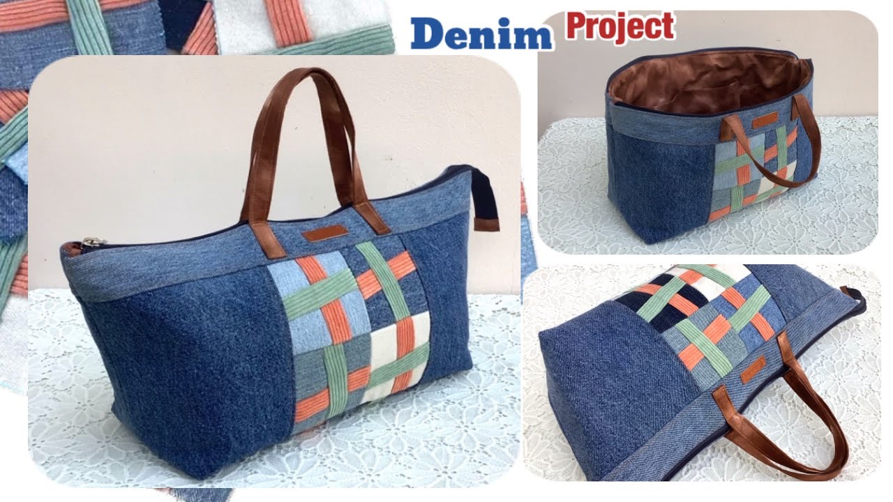 sewing diy a denim patchwork to small tote bag with zipper tutorial ...