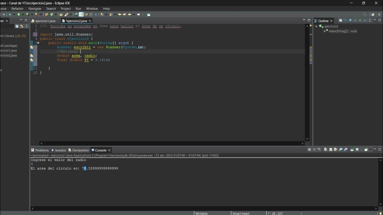 Programando en Java: Ejercicio. Escriba un programa en Java para hallar el área de un círculo ...