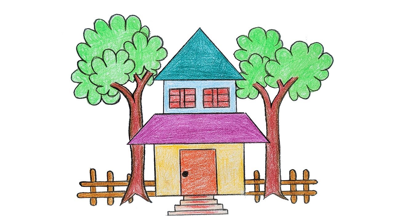 Very Simple House & Tree Drawing | Step by Step House Art - YouTube