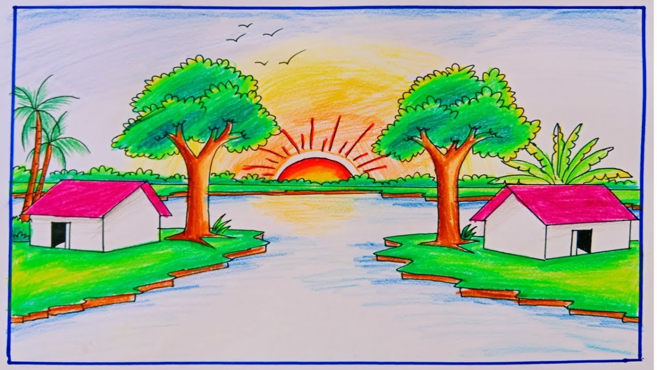 Scenery drawing for beginners🏡🌴Landscape village drawing🌺gramer drisso ...