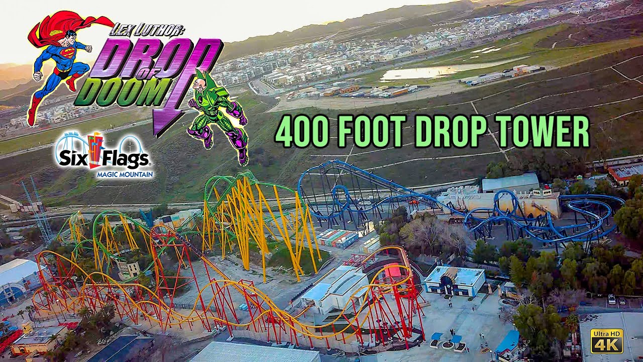 2024 Lex Luthor Drop of Doom 400 ft Drop Tower On Ride 4K POV Six Flags ...