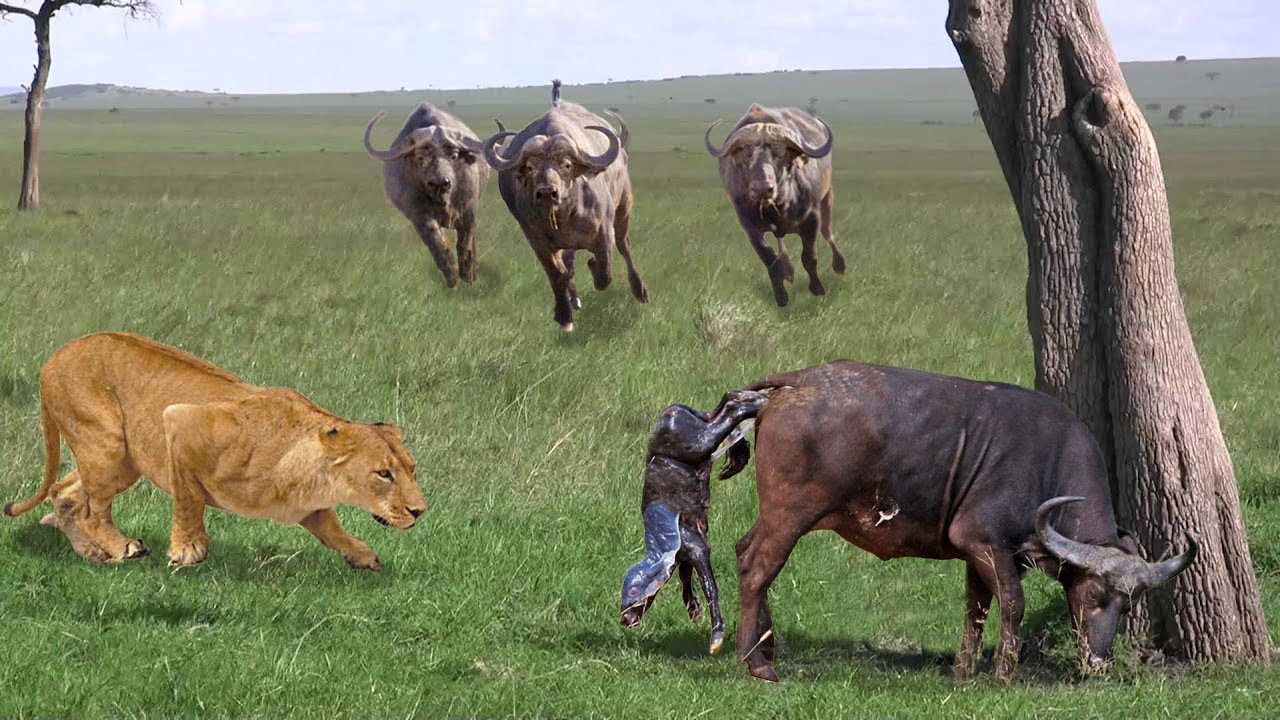 Fierce Buffalo Herd Attack And Defeat Lion To Rescue The Mother Buffalo ...