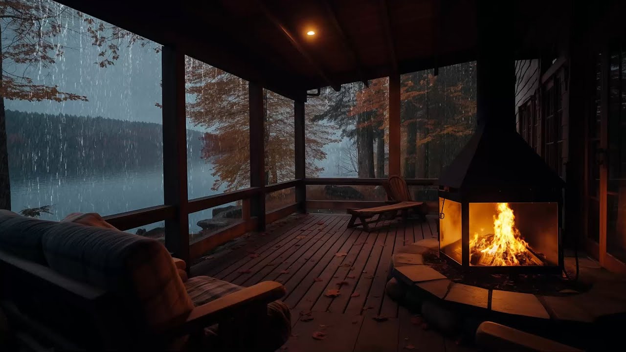Rain Sounds & Fireplace on a Cabin Porch in the Woods | Tranquil Escape ...