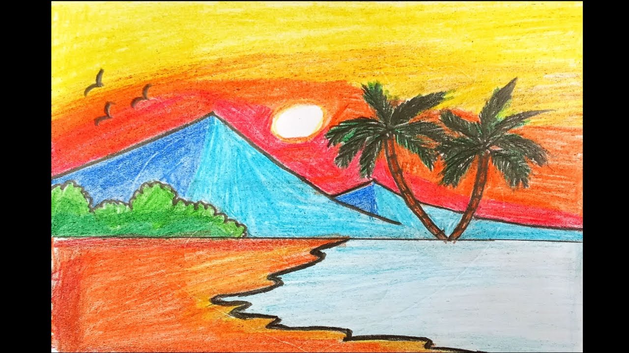 Sunset Beach Drawing Tutorial (Relaxing Art) - YouTube