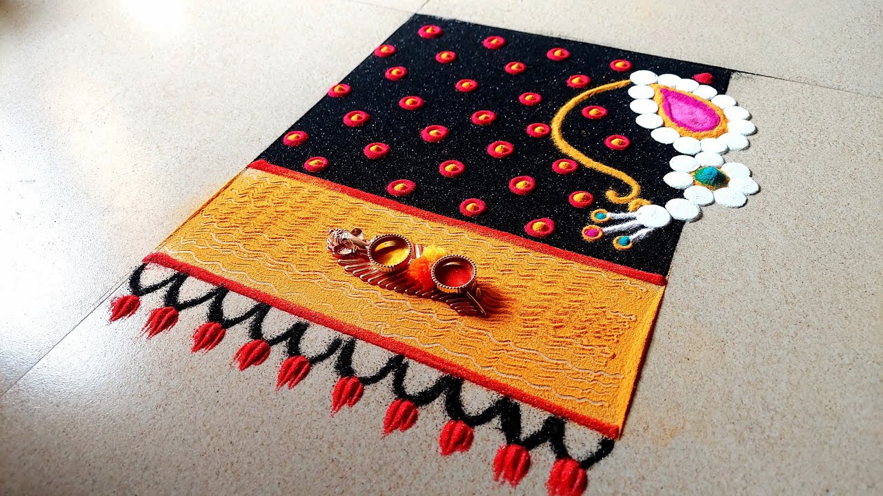 Black paithani rangoli for Haldi kumkum program | Tilwa rangoli ...