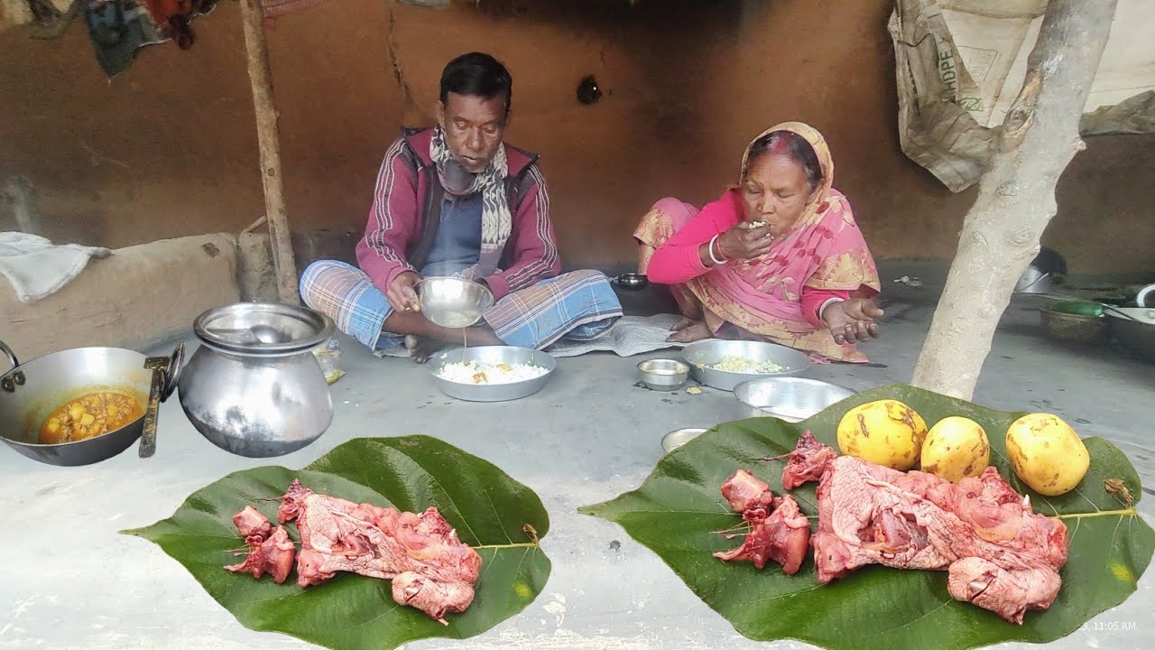 Very poor grandmother and grandfather cooking MEAT with Potato curry ...