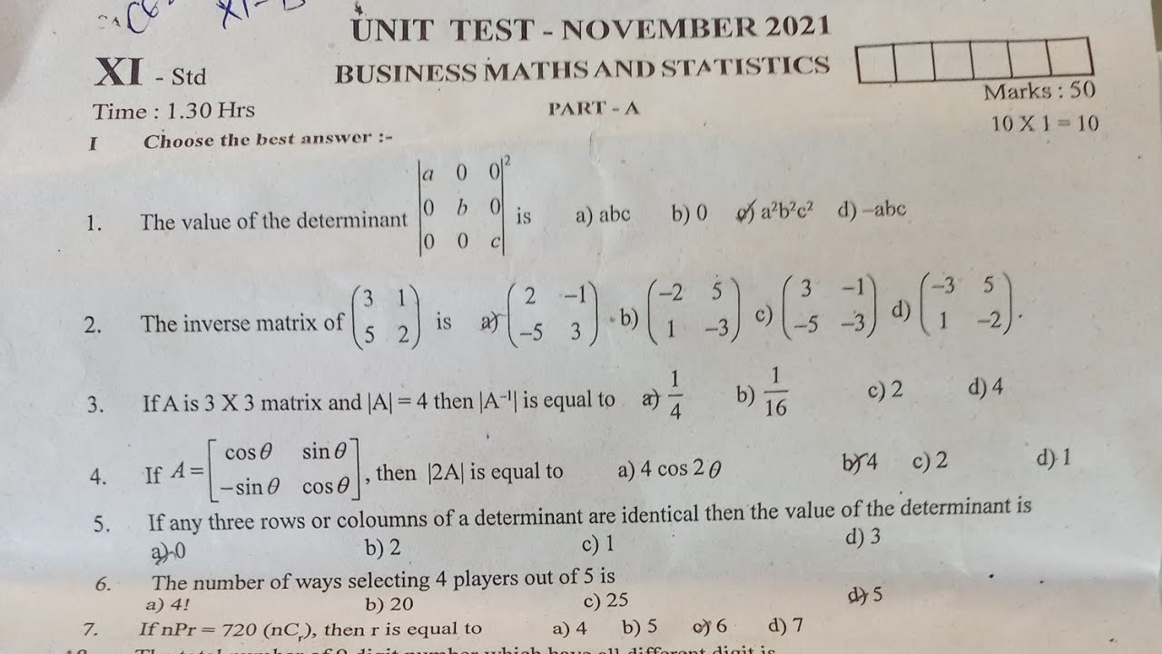 11th Business Mathematics||unit test november 2021||Question paper ...