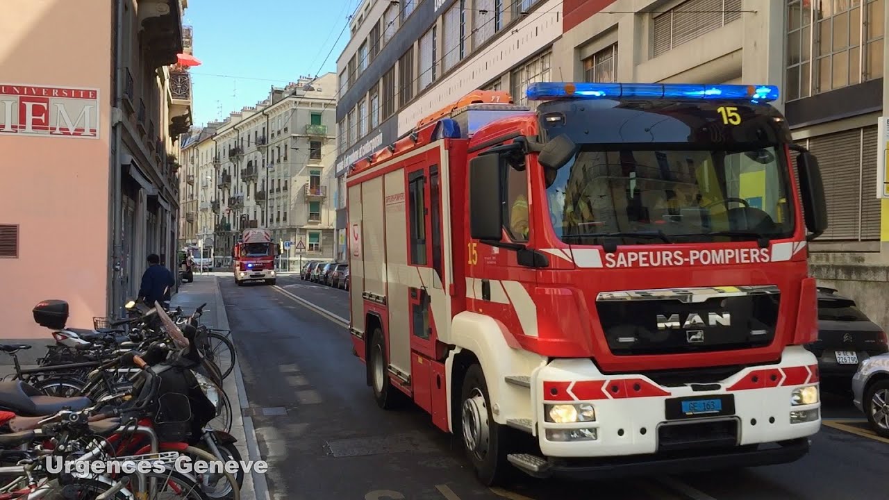 Pompiers Genève tonne-pompe 15, échelle 24 et fourgon 39 // Geneva fire ...