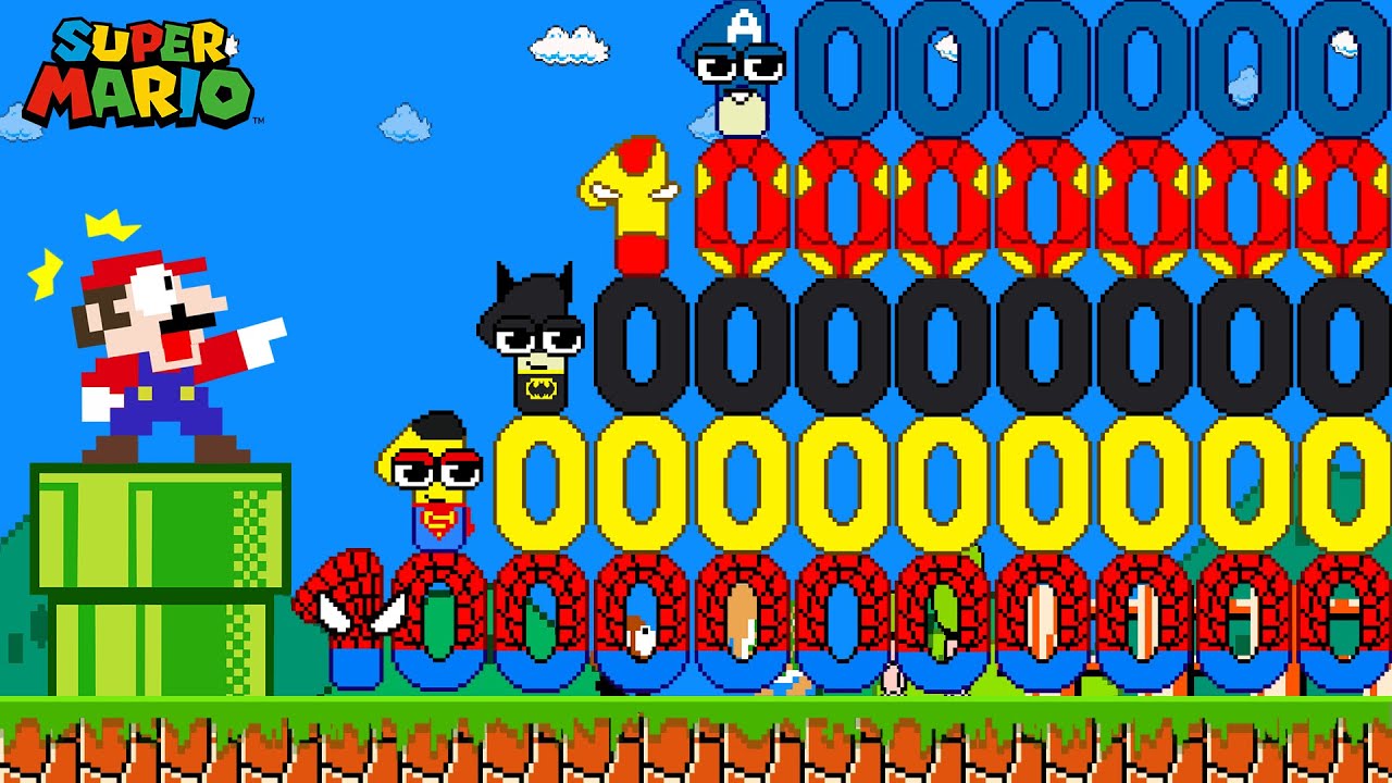 Super Mario Bros. but Can Mario collect 999 BIG NUMBERS All Superheroes ...