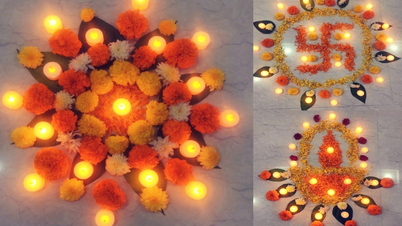 3 simple flower rangoli designs for diwali / flower decoration for ...