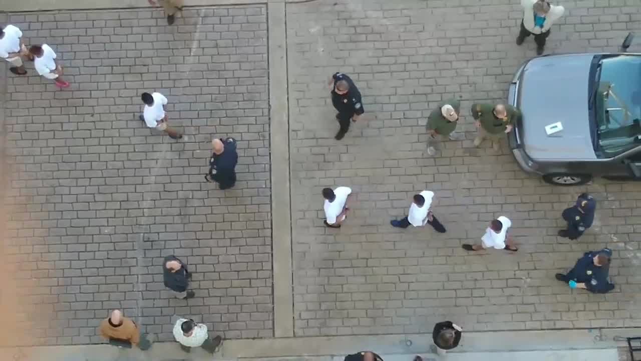 People in handcuffs led into Customs and Border Protection vans - YouTube