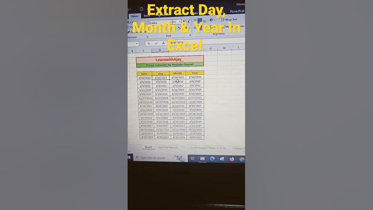 Extract Day Month And Year In Excel Exceltips Youtubeshorts Youtube